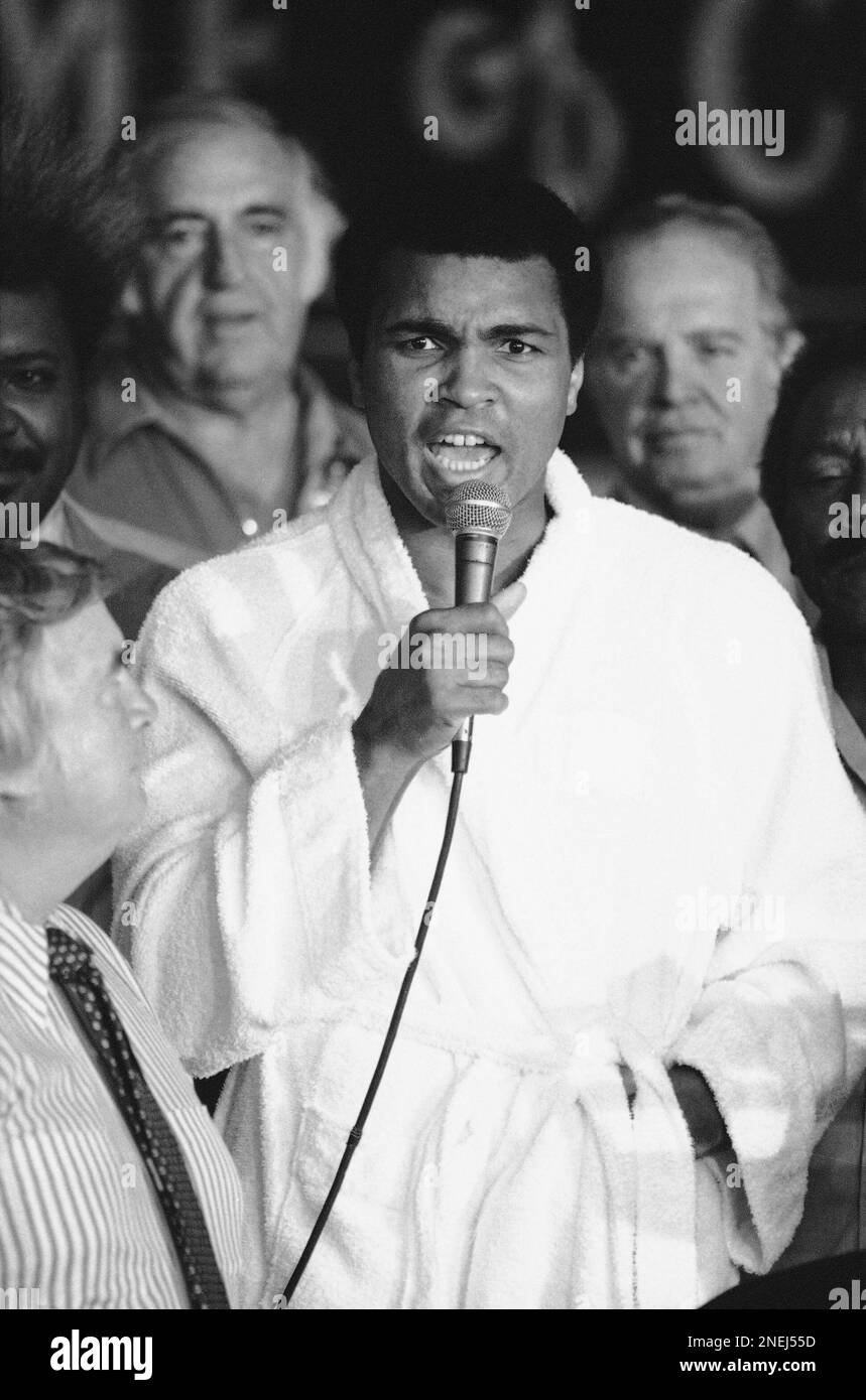 Three-time former heavyweight champion Muhammad Ali talks to the crowd ...