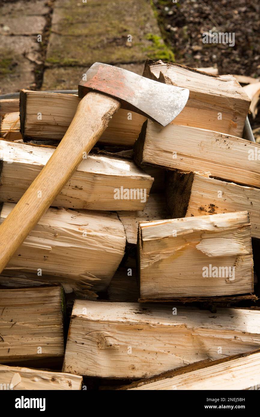 Logs that have been split with an axe that will be placed in a ...