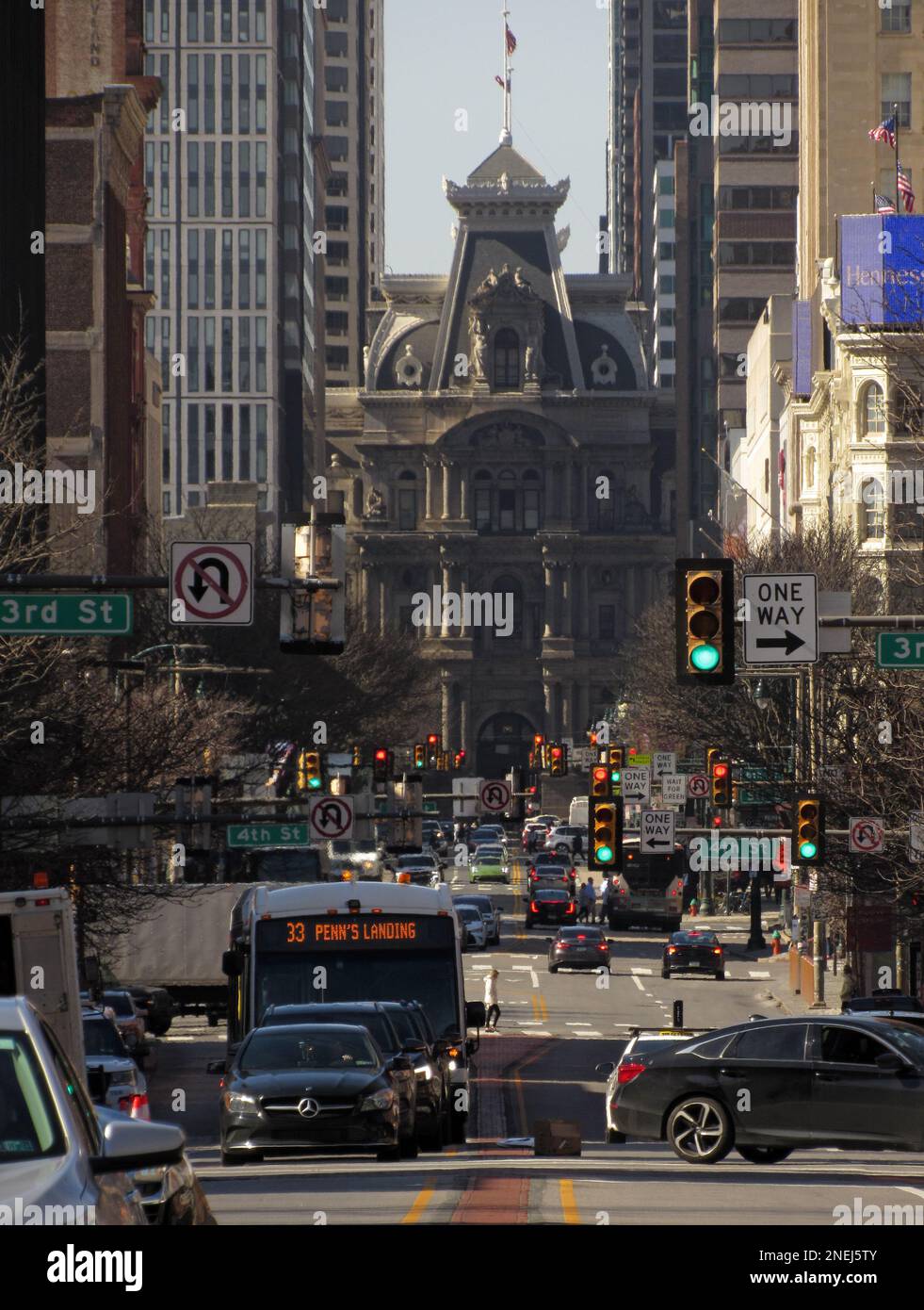 Traffic moves along Market Street in Philadelphia looking west toward ...