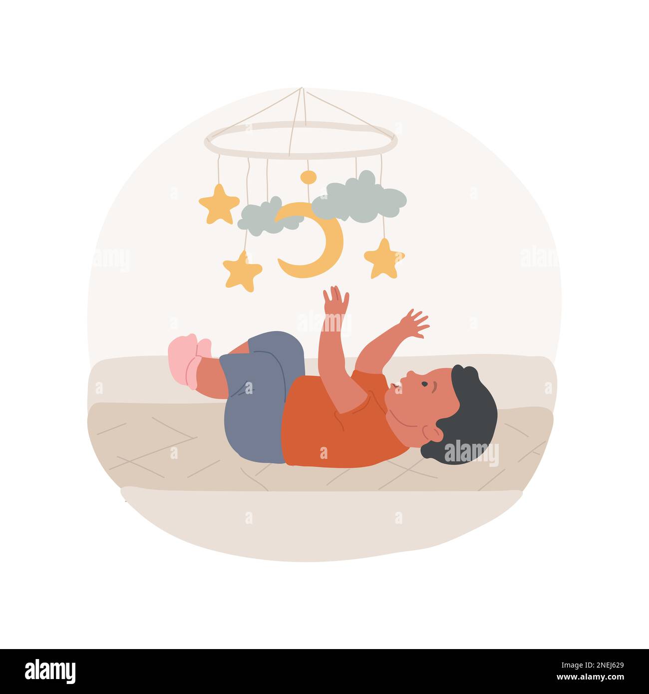 Baby mobile isolated cartoon vector illustration. Smiling kid lying in ...