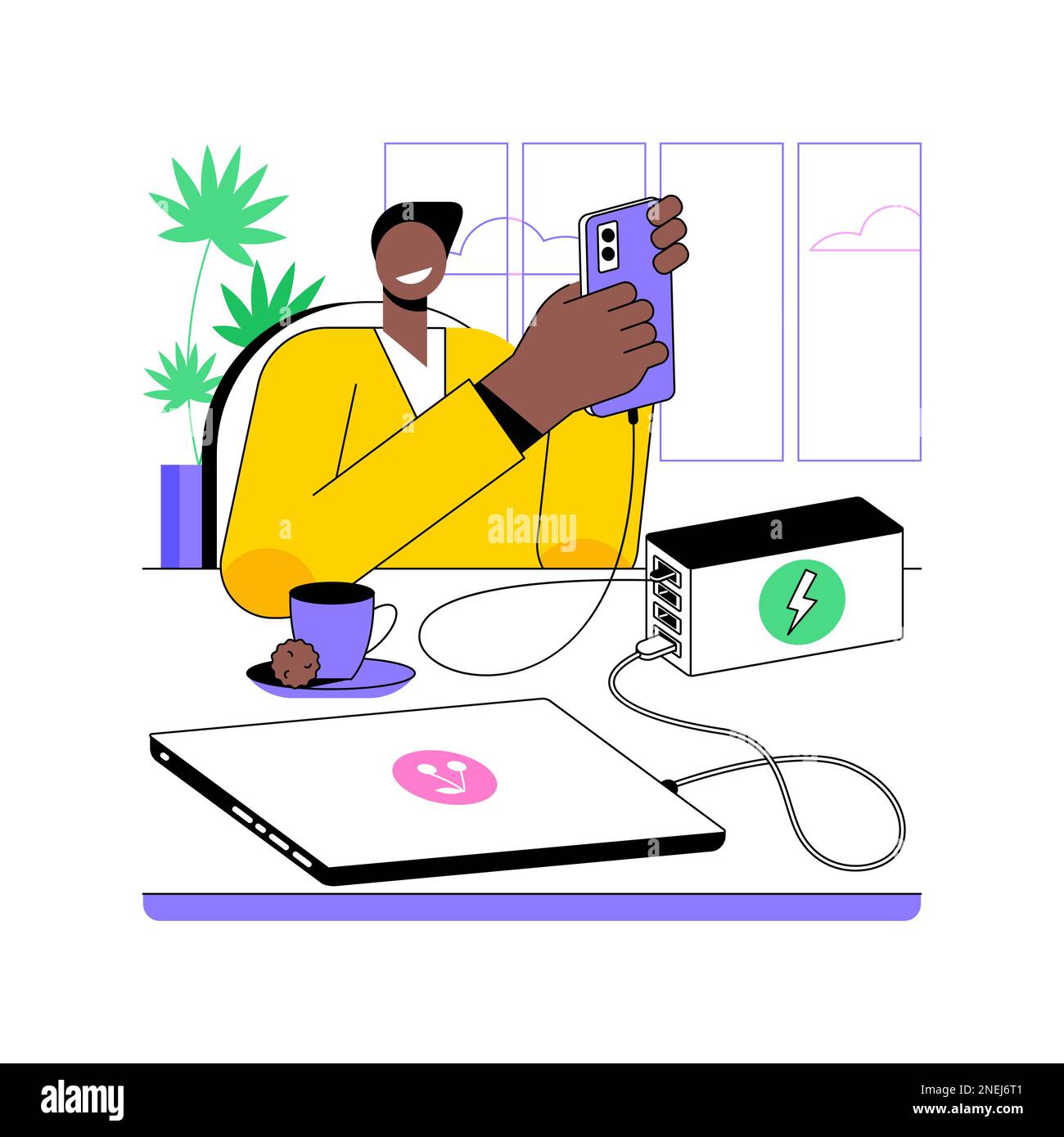Multiport wall charger isolated cartoon vector illustrations. Man using ...