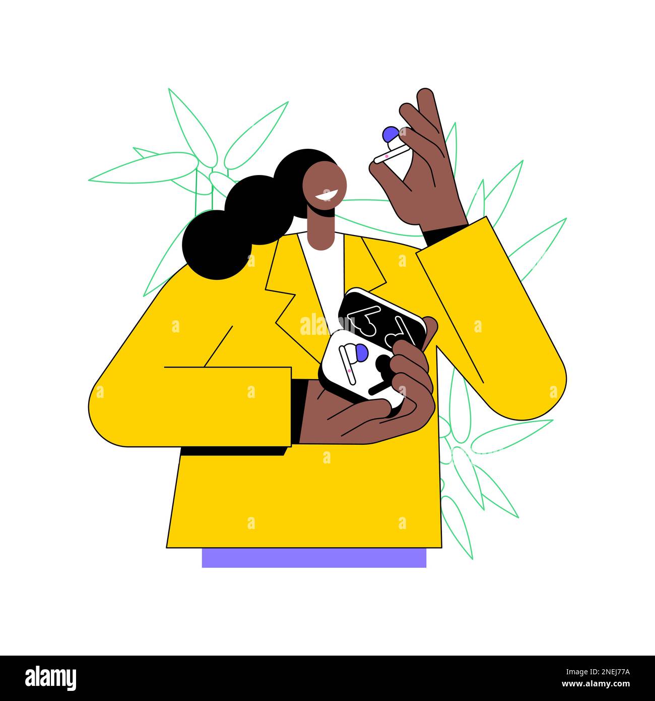 Wireless earbuds isolated cartoon vector illustrations. Woman listening ...