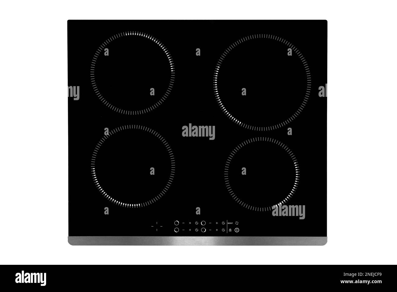 black electric hob with white burners and touch control buttons ...