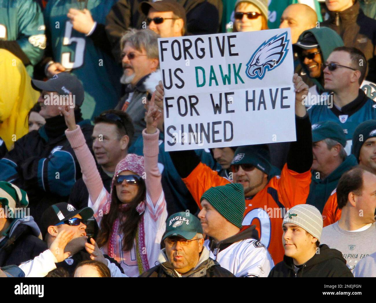 A fan holds up a sign in the first half of an NFL football game between ...