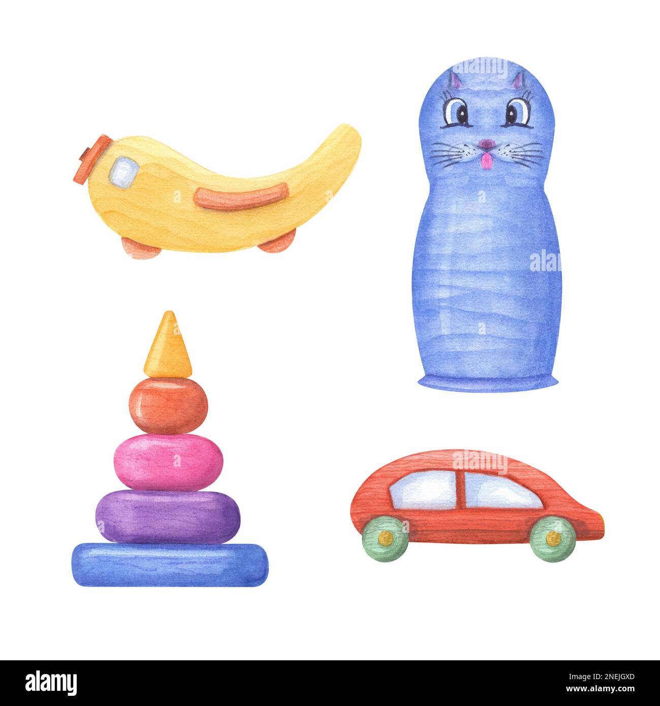Watercolor illustration of a set of kid wooden toys isolated on white ...
