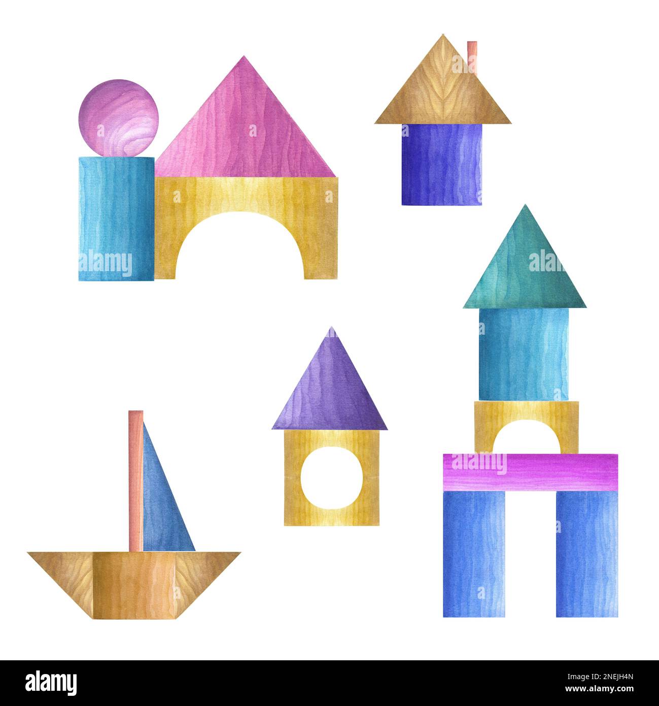 Watercolor illustration of a set of wooden building blocks isolated on ...