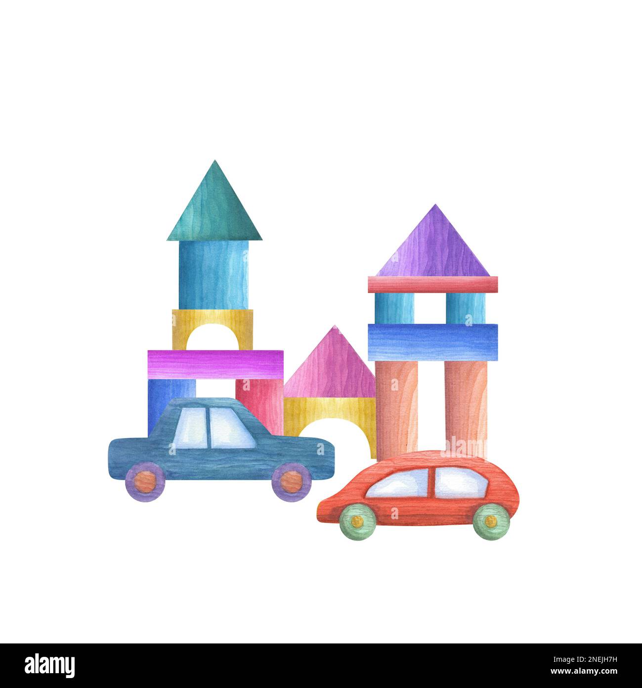 Watercolor illustration of a set of wooden building blocks isolated on ...