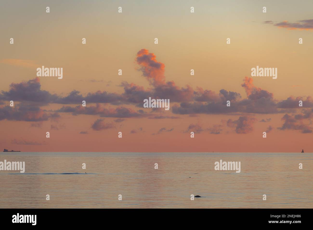 Sunset over sea, red colors, long clouds Stock Photo - Alamy