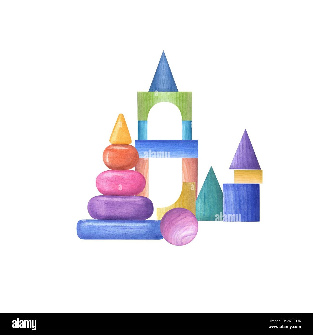 Watercolor illustration of a set of wooden building blocks isolated on ...