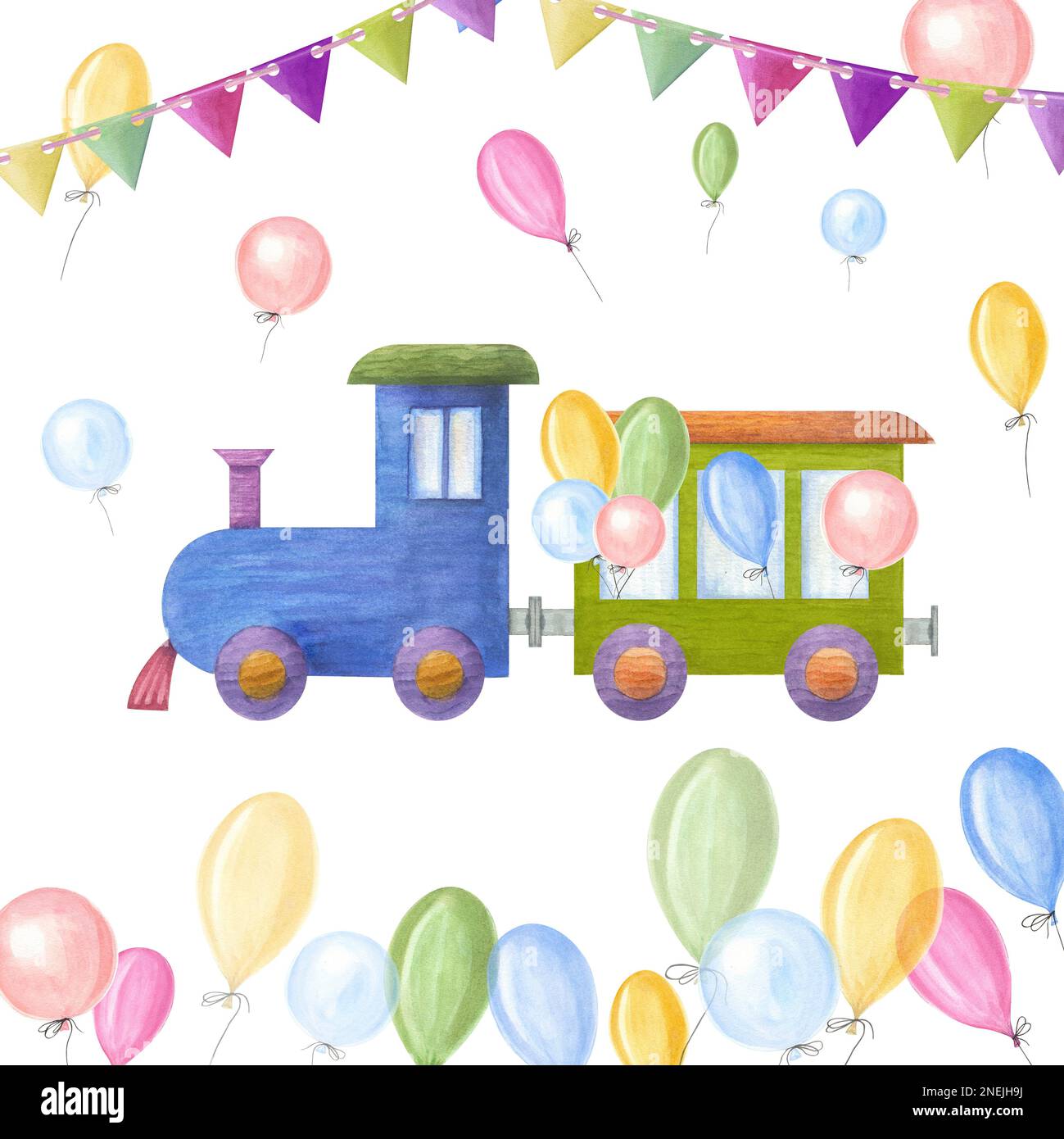 Watercolor illustration of a set of kid wooden train isolated on white ...