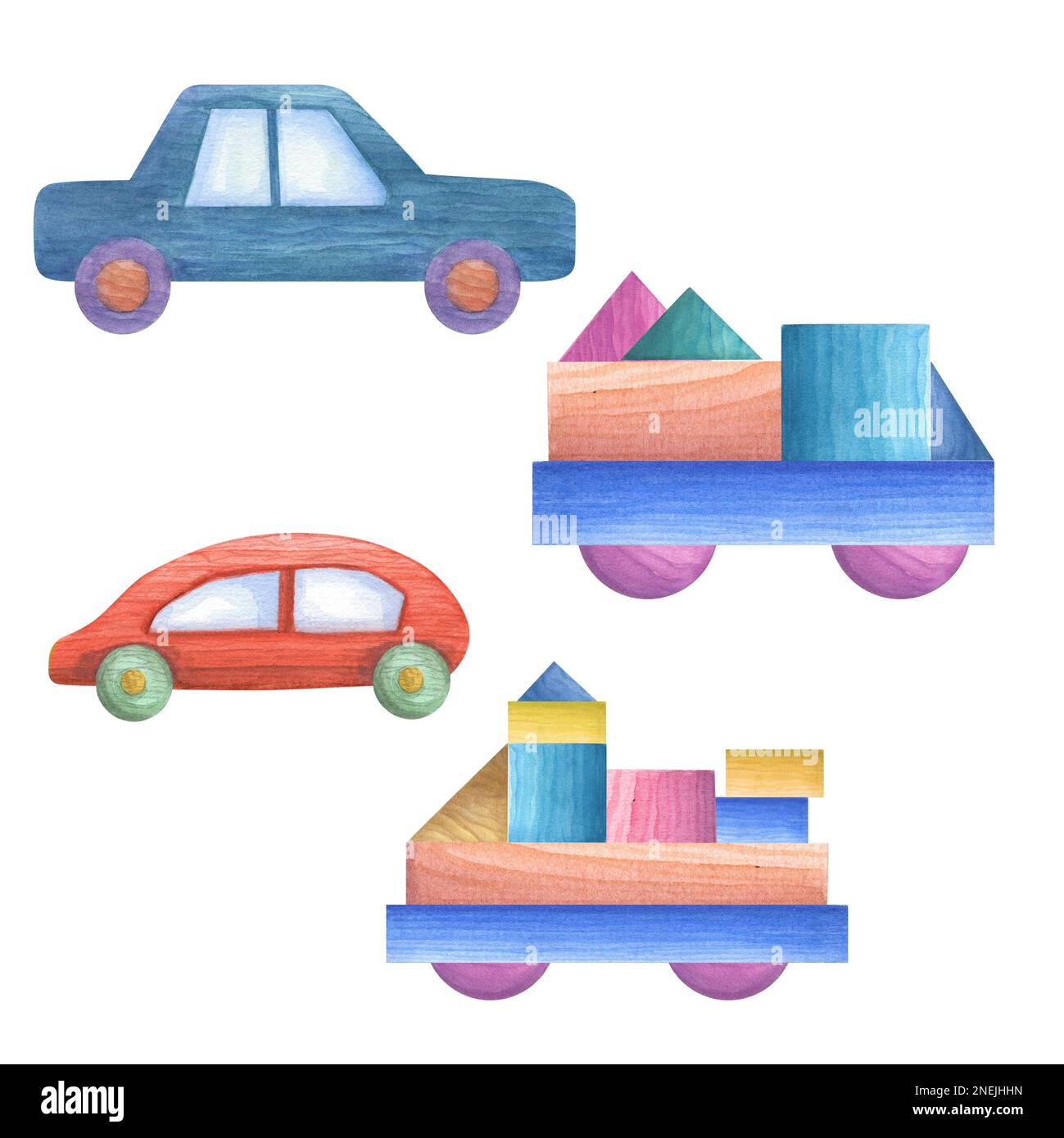 Watercolor illustration of a set of wooden building blocks isolated on ...