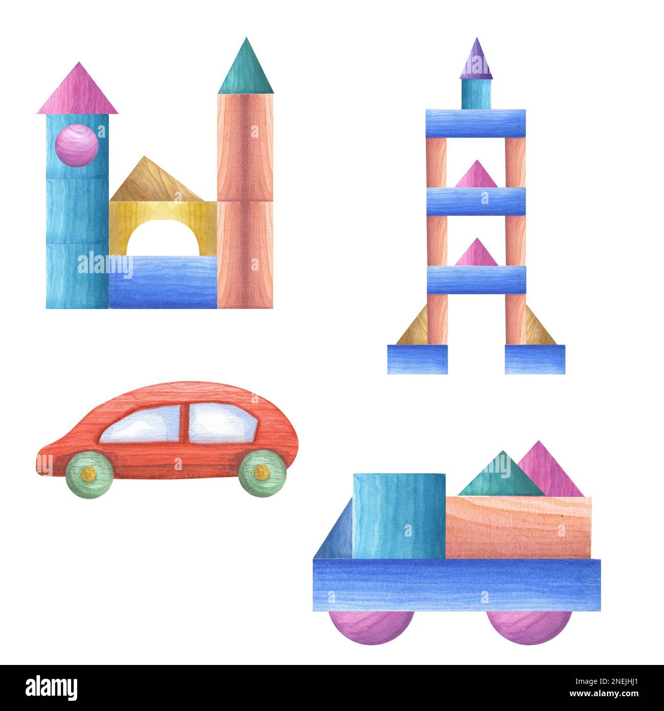 Watercolor illustration of a set of wooden building blocks isolated on ...