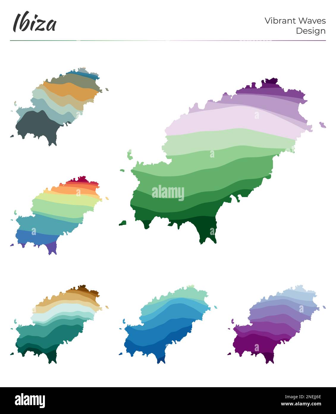 Set of vector maps of Ibiza. Vibrant waves design. Bright map of island ...