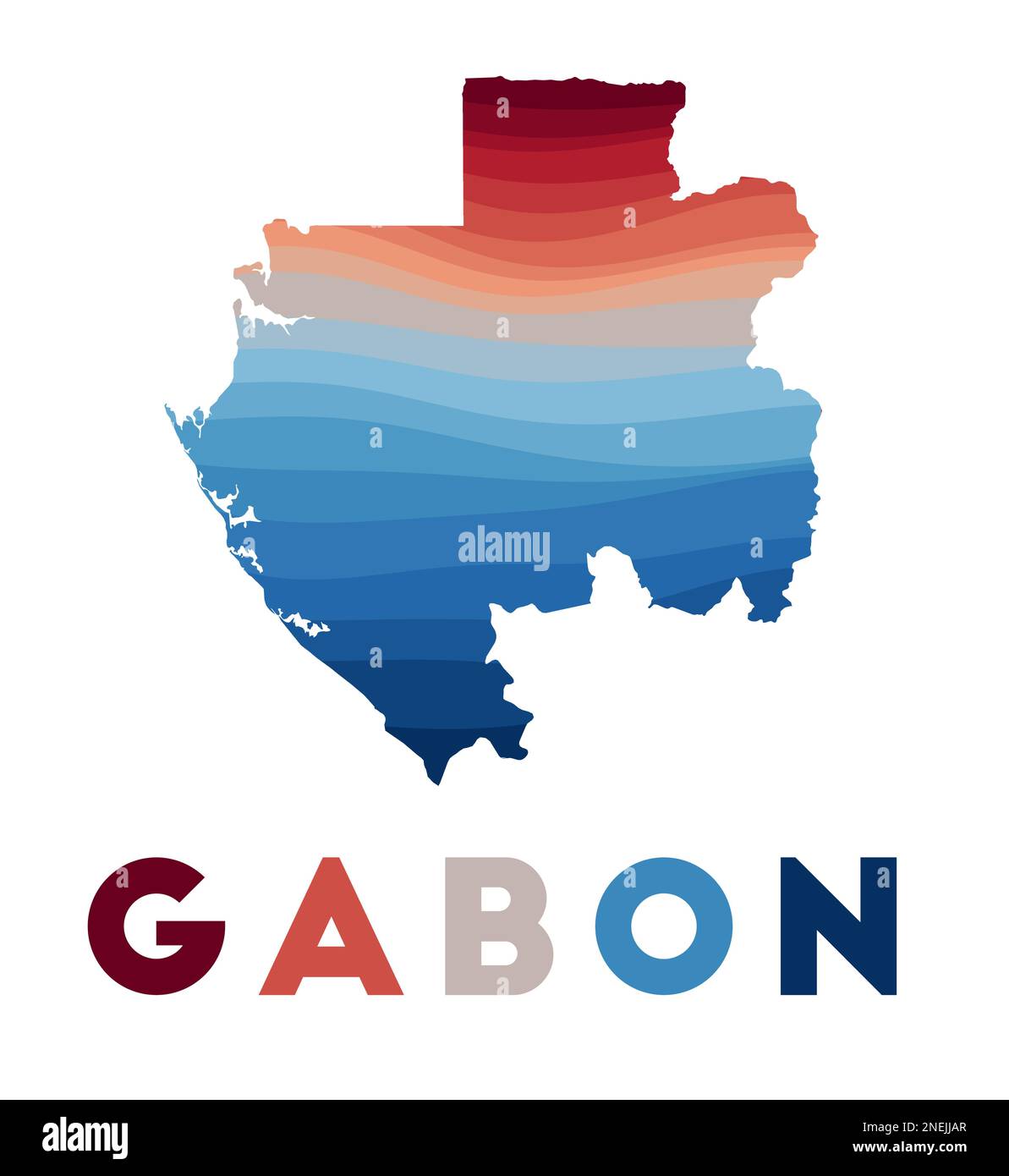 Gabon map. Map of the country with beautiful geometric waves in red ...