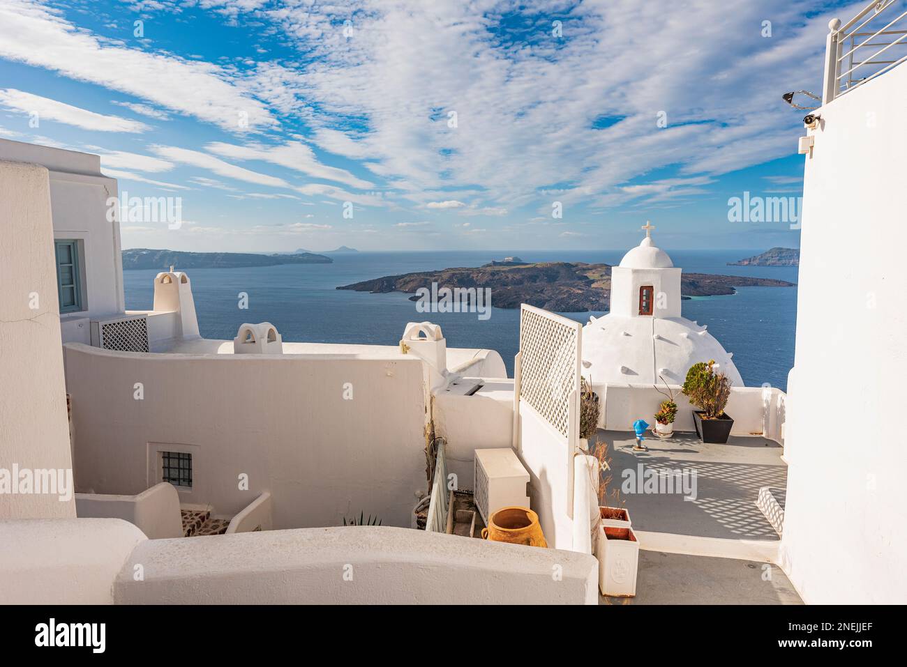 Panoramic view on the caldera from Fira village, Santorini Stock Photo ...