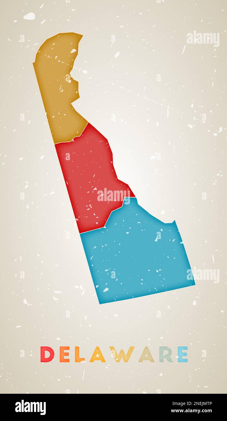 Delaware map. US state poster with colored regions. Old grunge texture ...