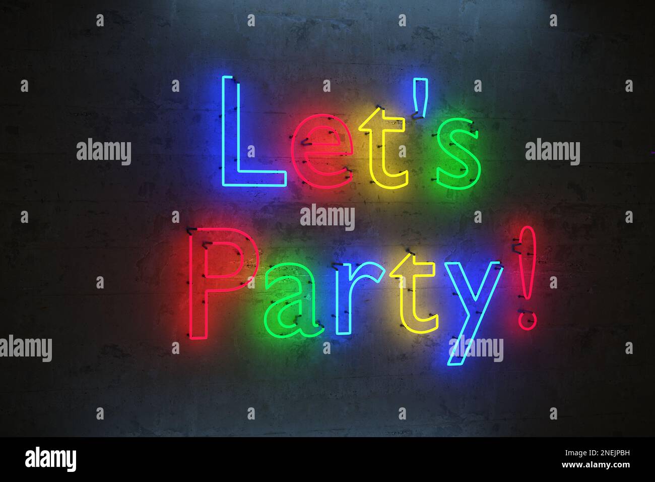 The text "Let's party" in differently colored neon tubes on a concrete ...