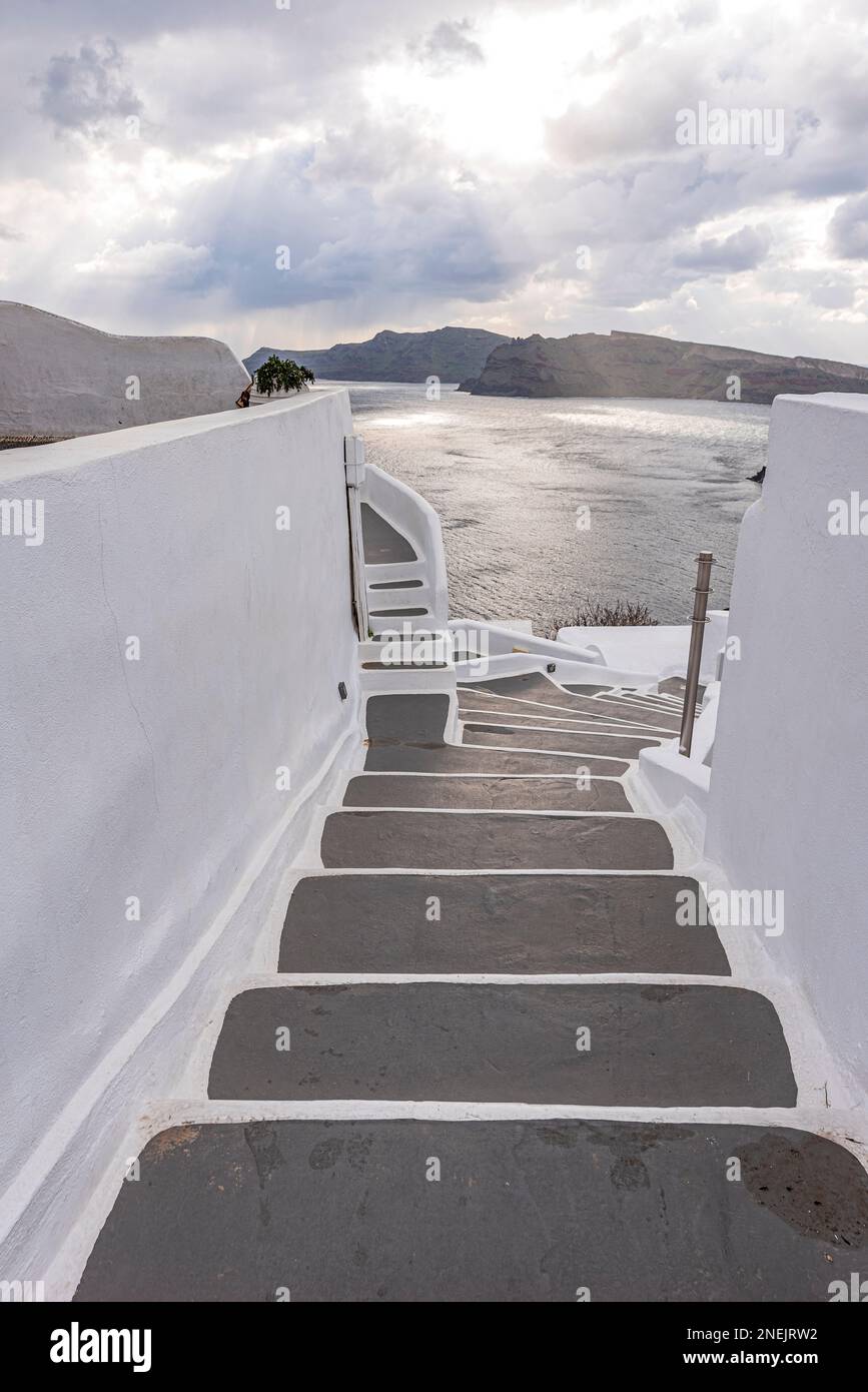 Characteristic staircase with large gray steps, Santorini Stock Photo ...