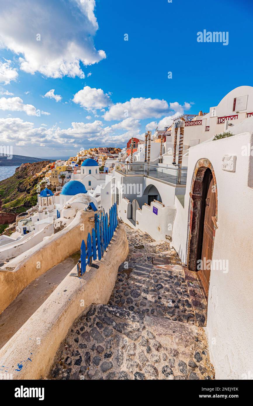 Characteristic little stone street in Oia village, Santorini Stock ...