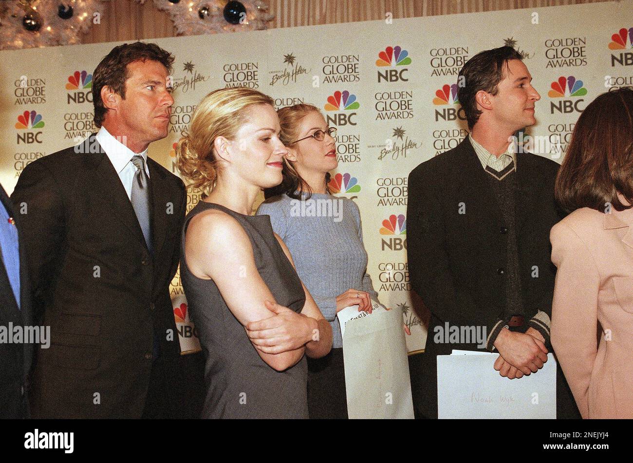 Announcers, from left, Dennis Quaid, Elizabeth Shue, Christina ...