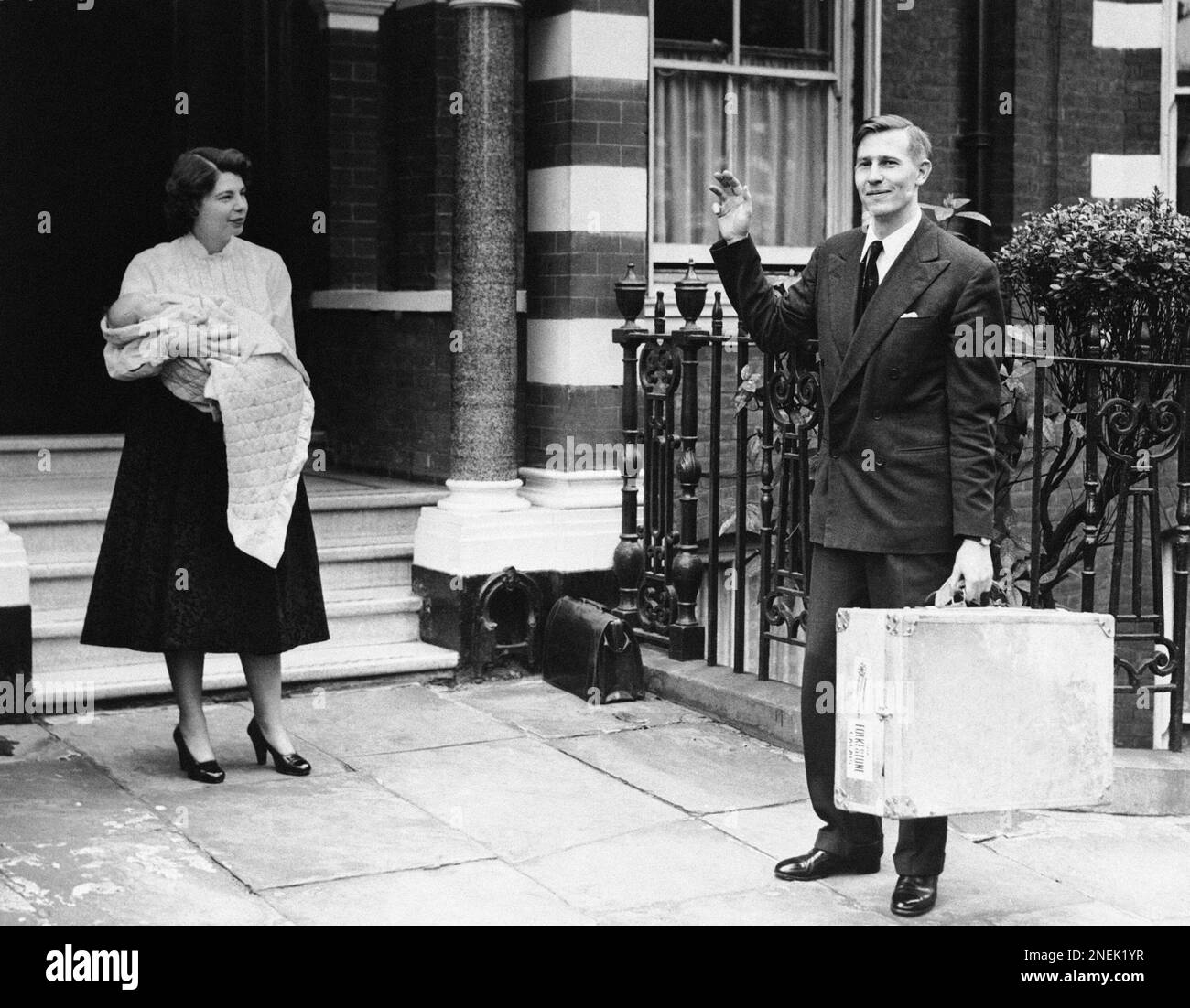 Dr. Roger Bannister, 27, waves goodbye to his Swedish born wife Moyra ...
