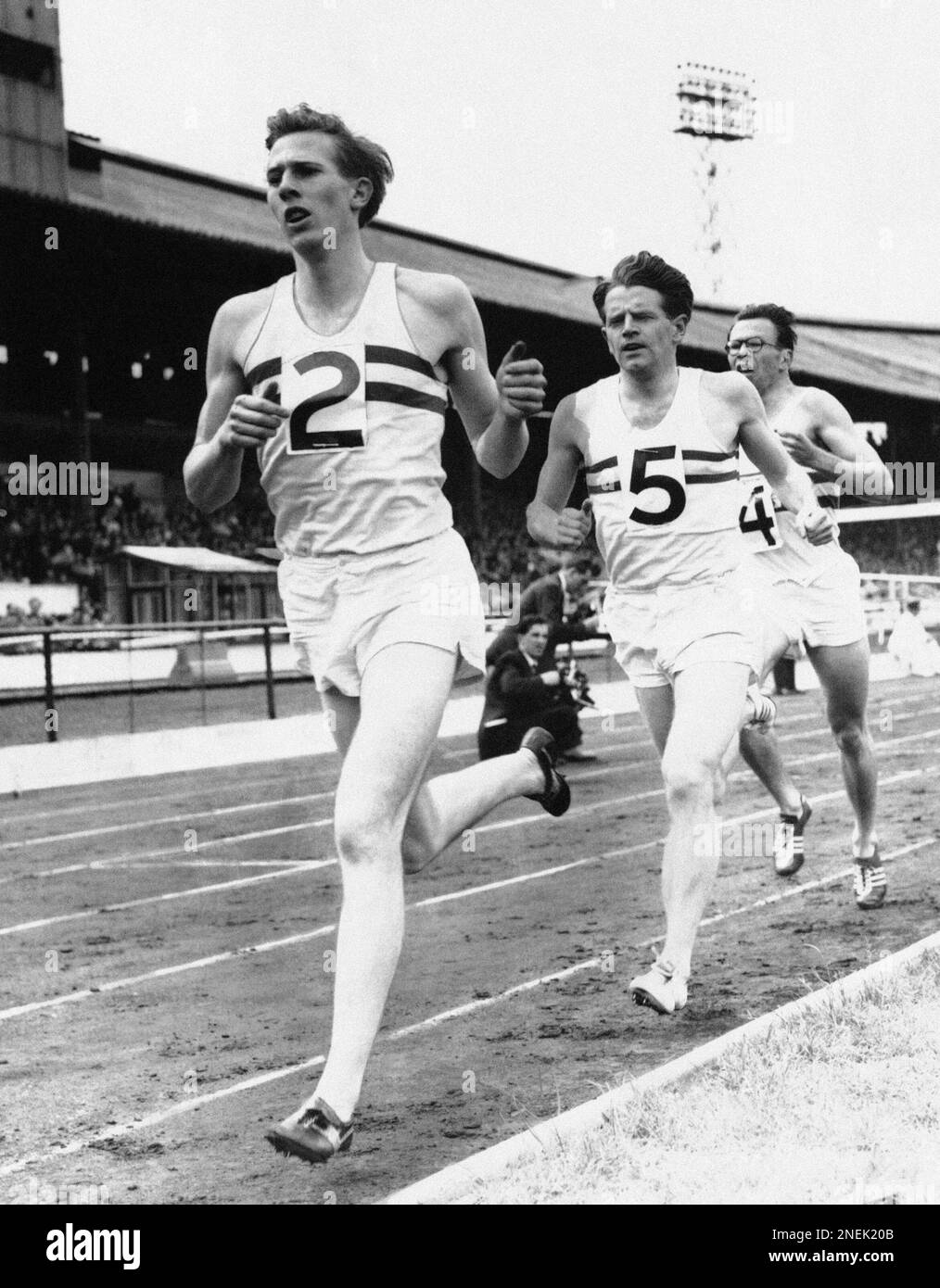 Roger Bannister (2) in the lead as pacemaker with Christopher Chataway ...