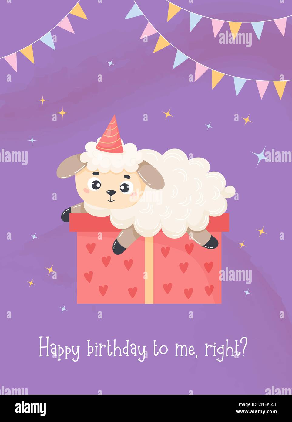 Cute sheep in birthday hat lies on gift box. Cool greeting vertical ...