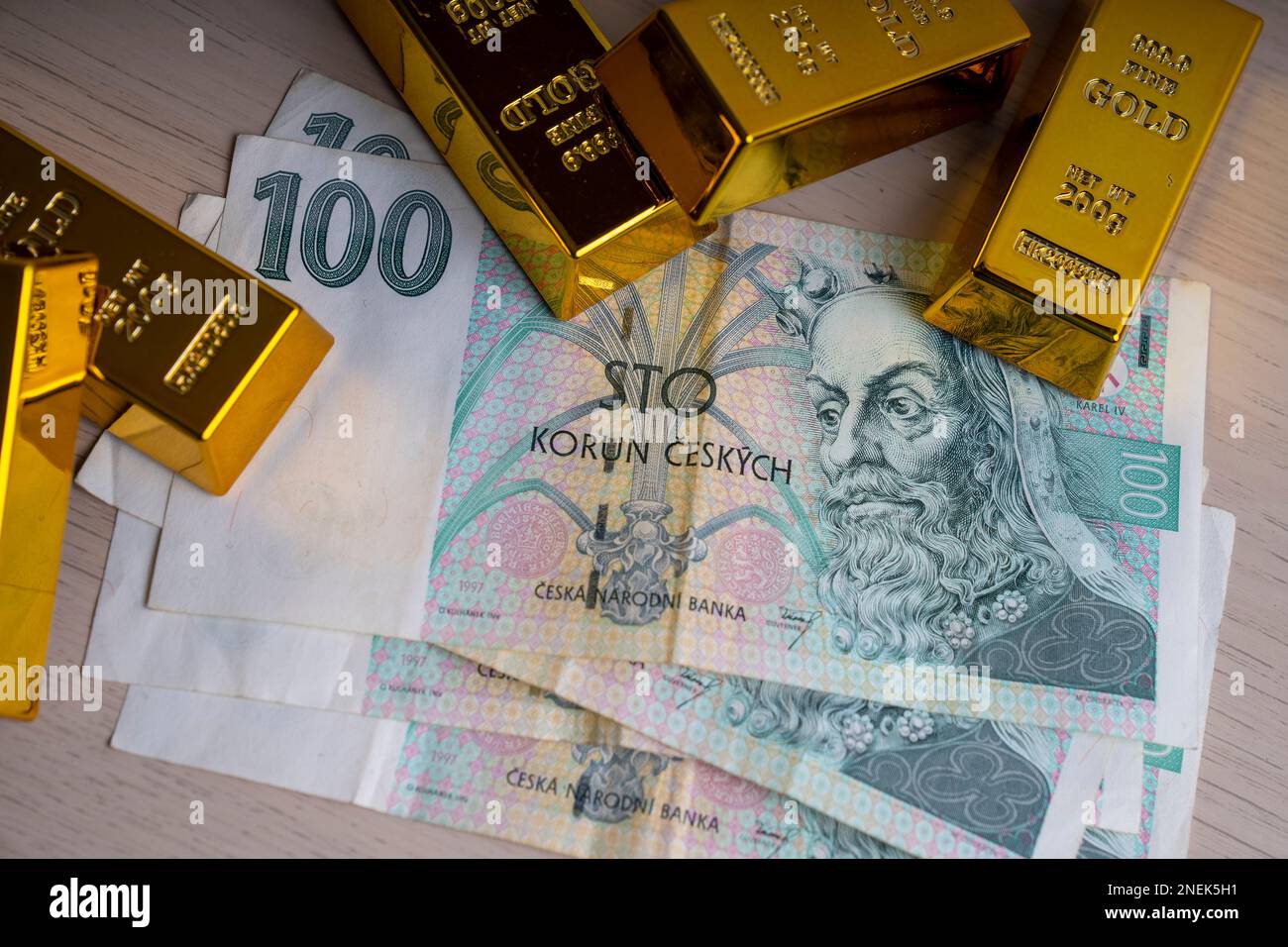 Czech Republic 100 korun paper banknote. Czech coins and gold bars ...