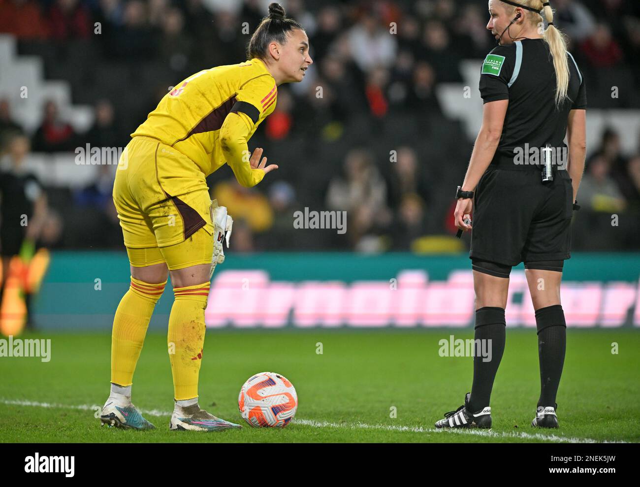 goalkeeper Nicky Evrard of Belgium pictured in talks with referee Ewa ...