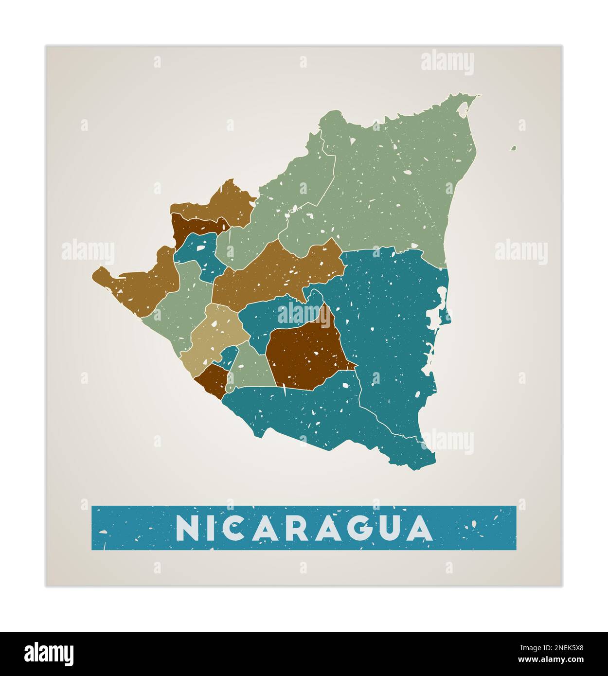 Nicaragua map. Country poster with regions. Old grunge texture. Shape ...