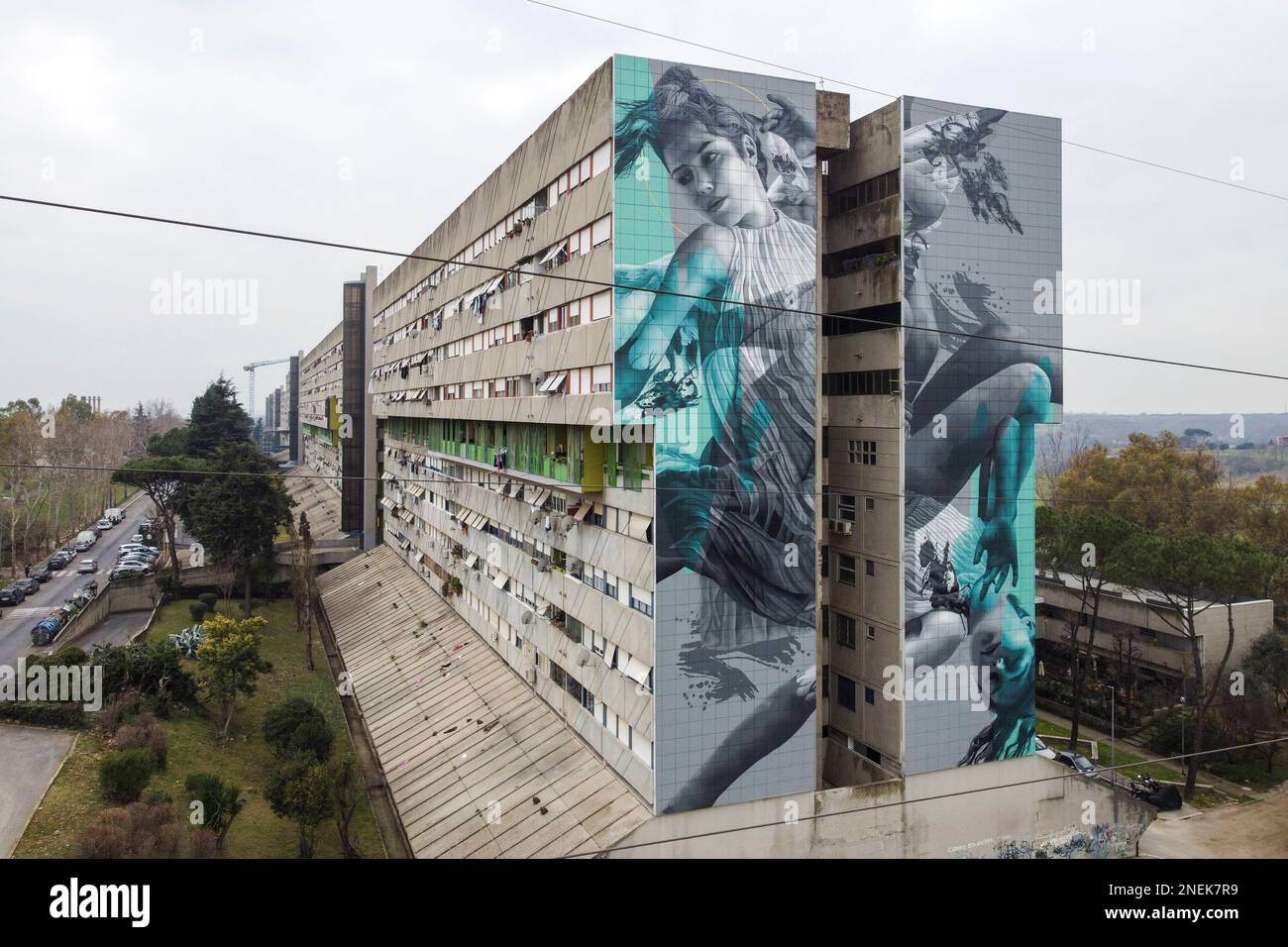 (EDITORS NOTE: Image taken with drone)A 40-metre-long mural created by ...