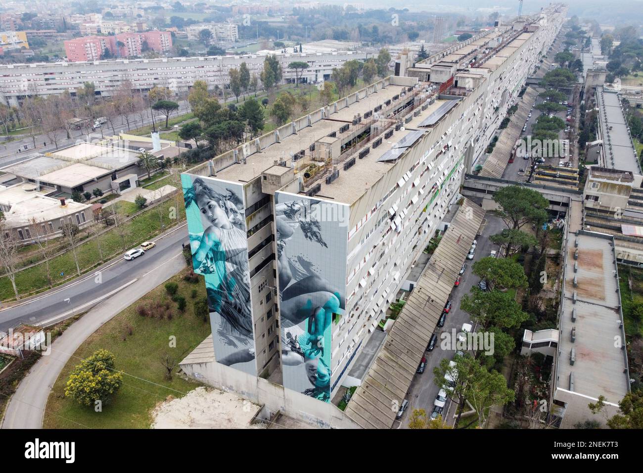 (EDITORS NOTE: Image taken with drone)A 40-metre-long mural created by ...