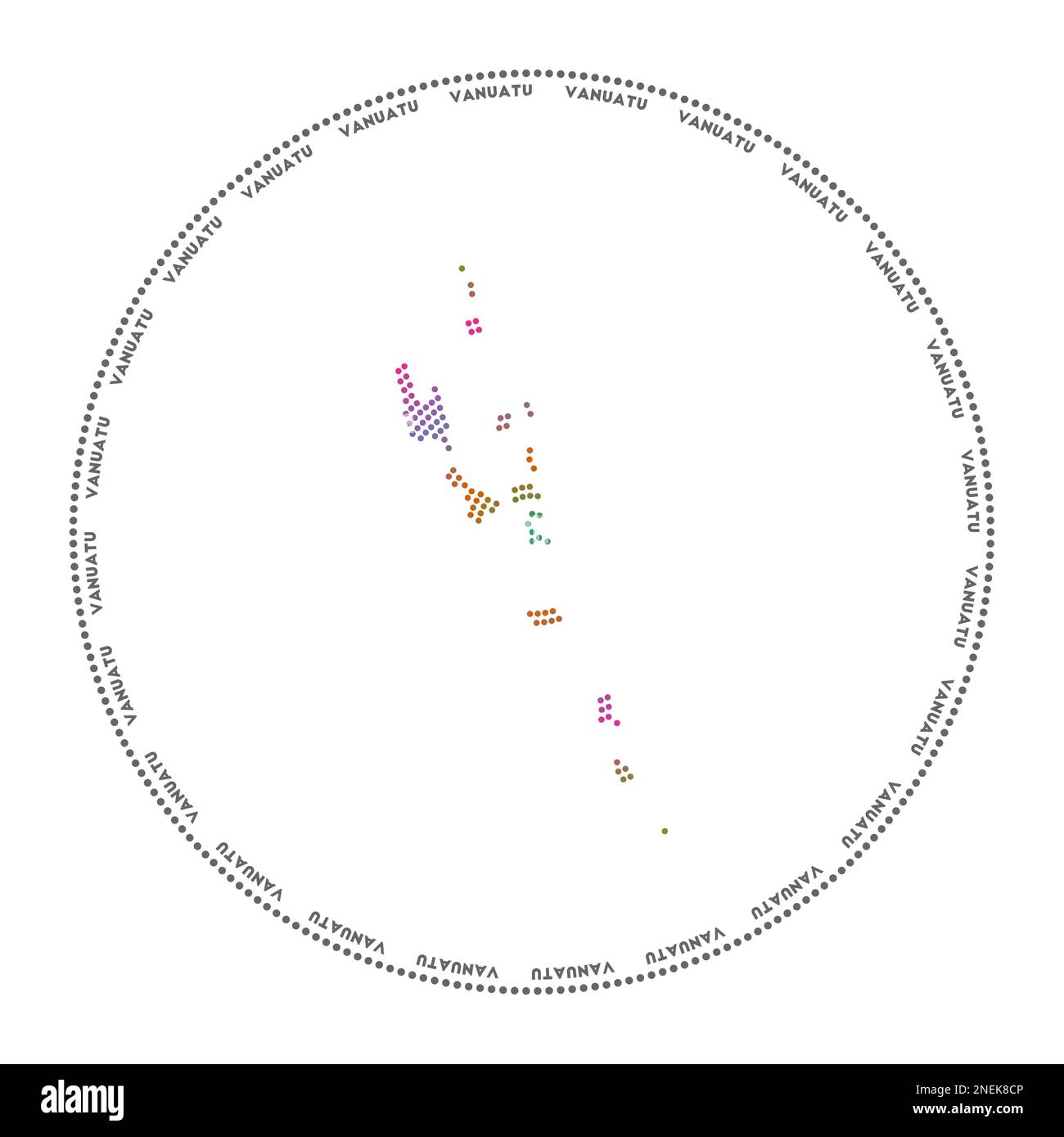 Vanuatu round logo. Digital style shape of Vanuatu in dotted circle with country name. Tech icon ...