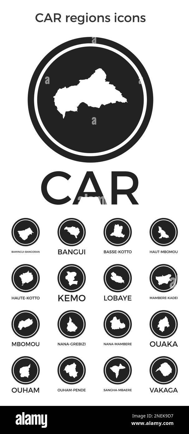 CAR regions icons. Black round logos with country regions maps and ...