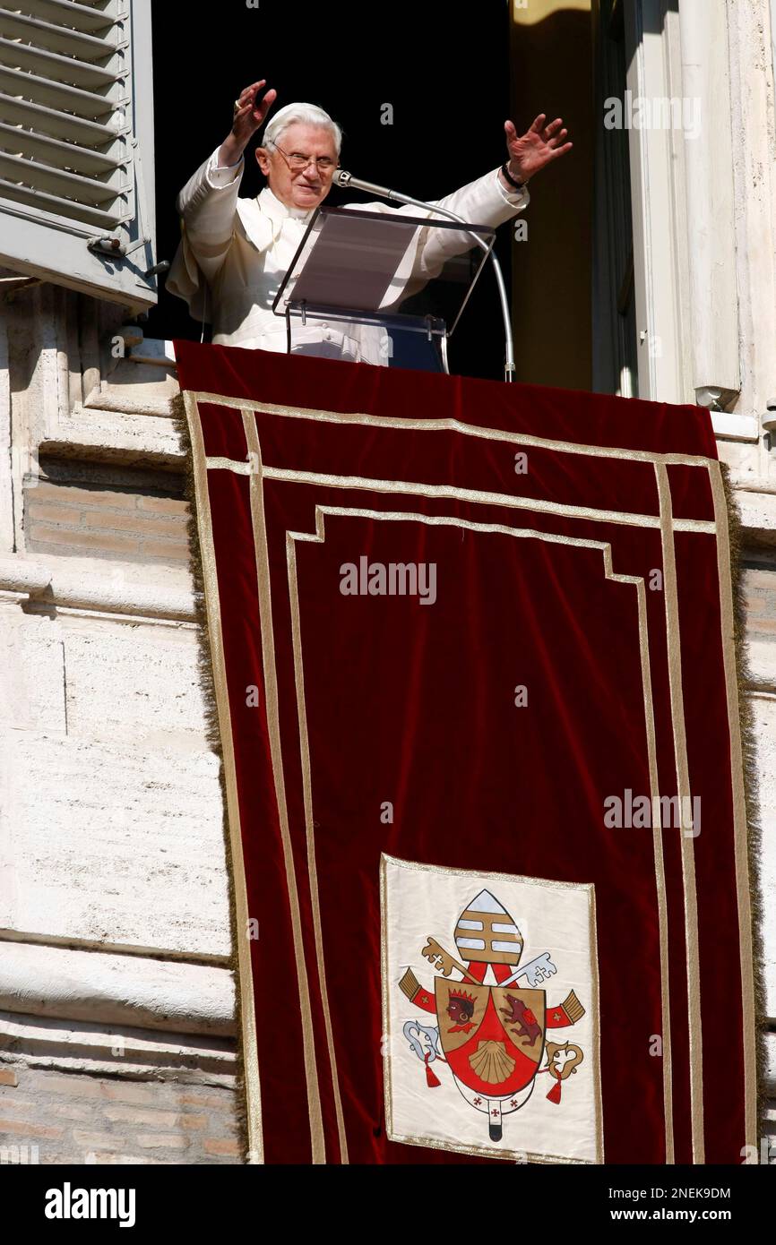 Pope Benedict XVI delivers his blessing during the Angelus noon prayer ...