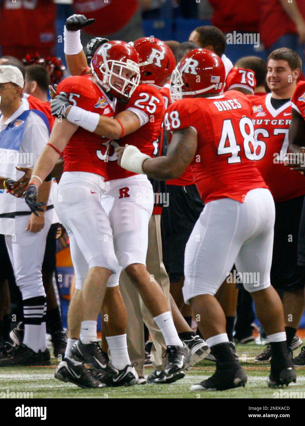 Rutgers cornerback Billy Anderson (35, left) celebrates with teammates ...