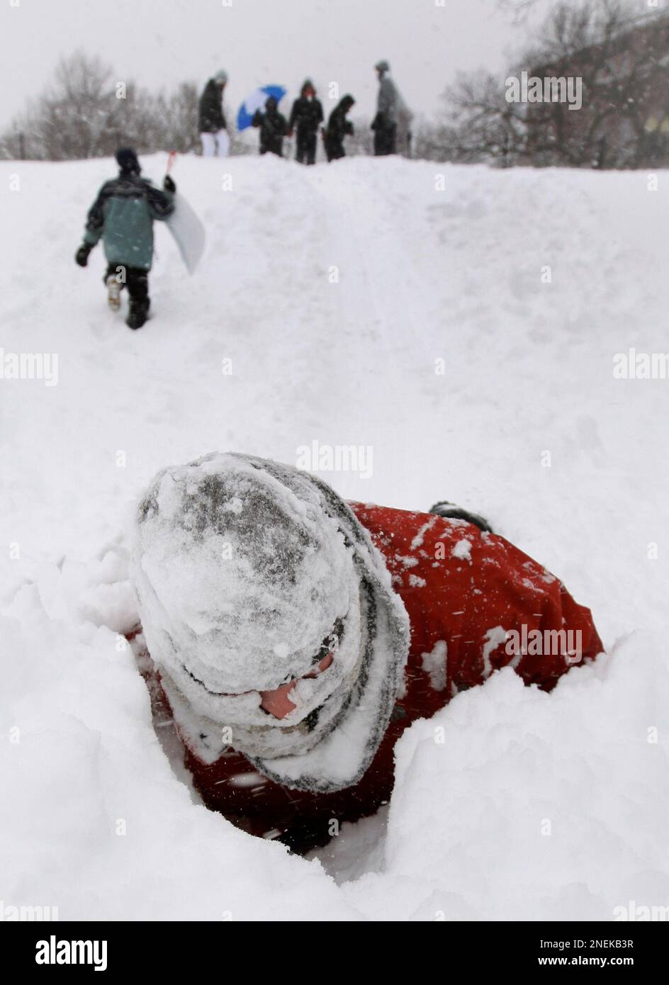 Pete Waterman picks his head up out of the snow after sledding face ...