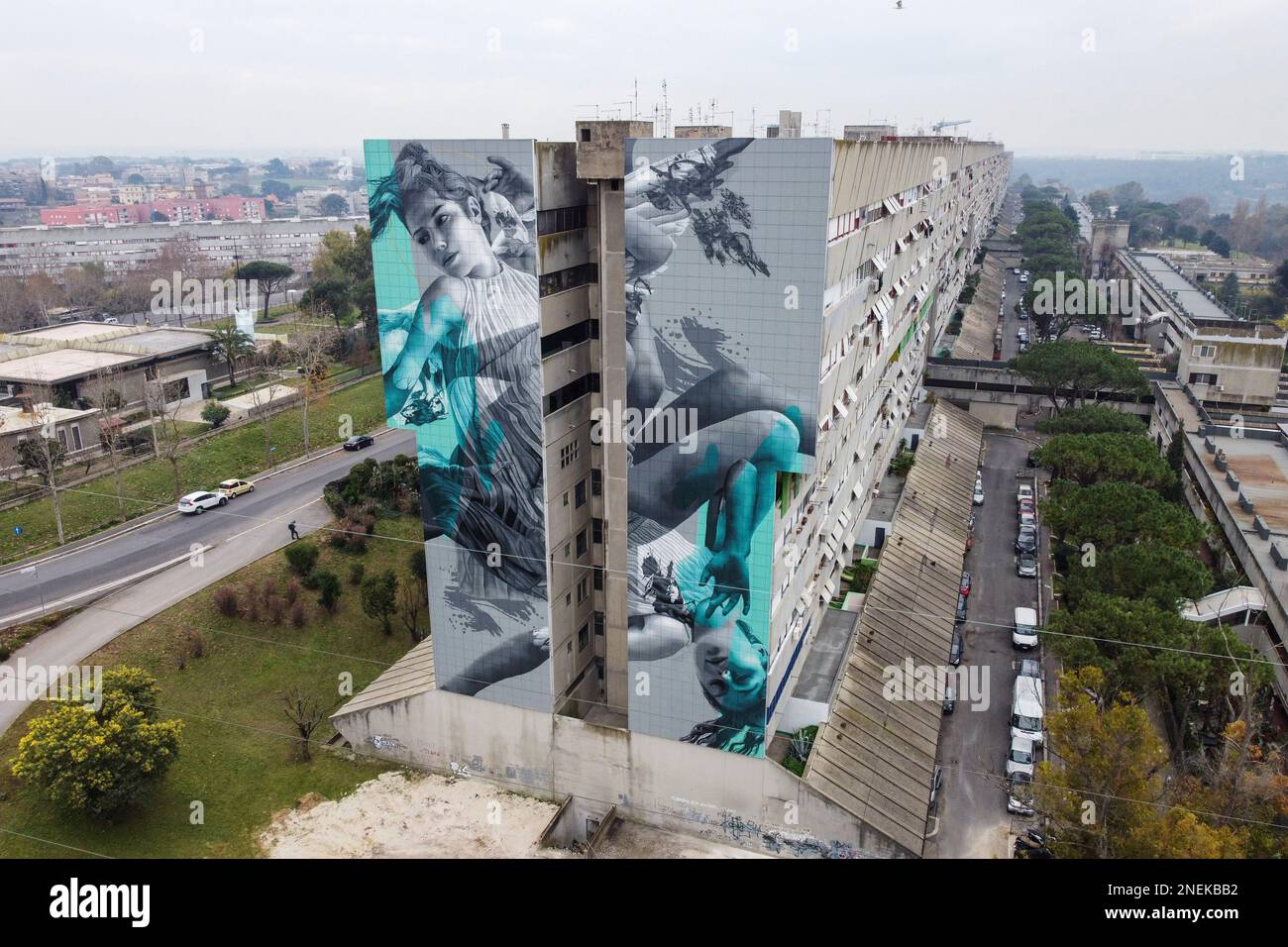 (EDITORS NOTE: Image taken with drone)A 40-metre-long mural created by ...
