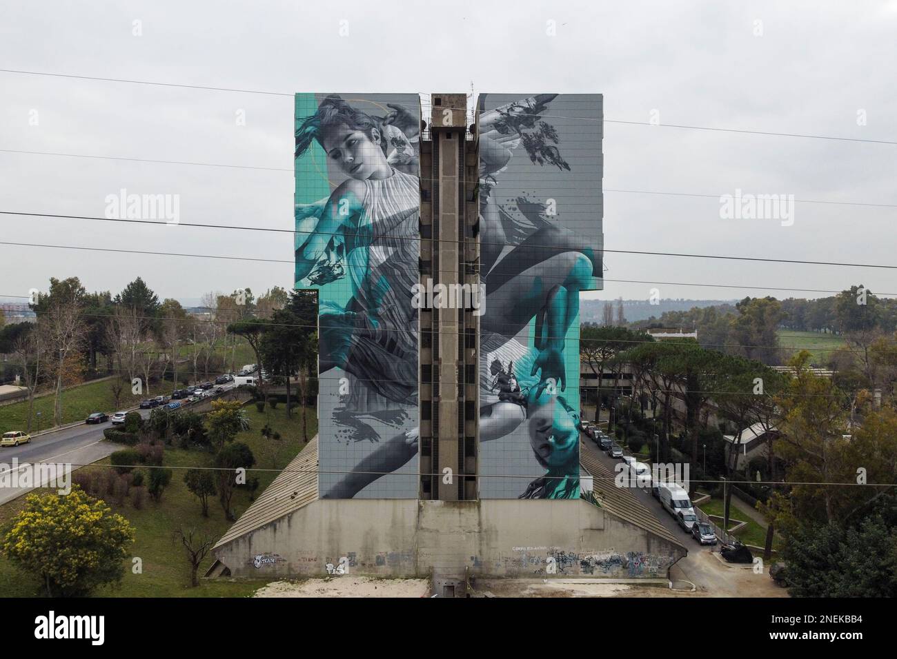 (EDITORS NOTE: Image taken with drone)A 40-metre-long mural created by ...