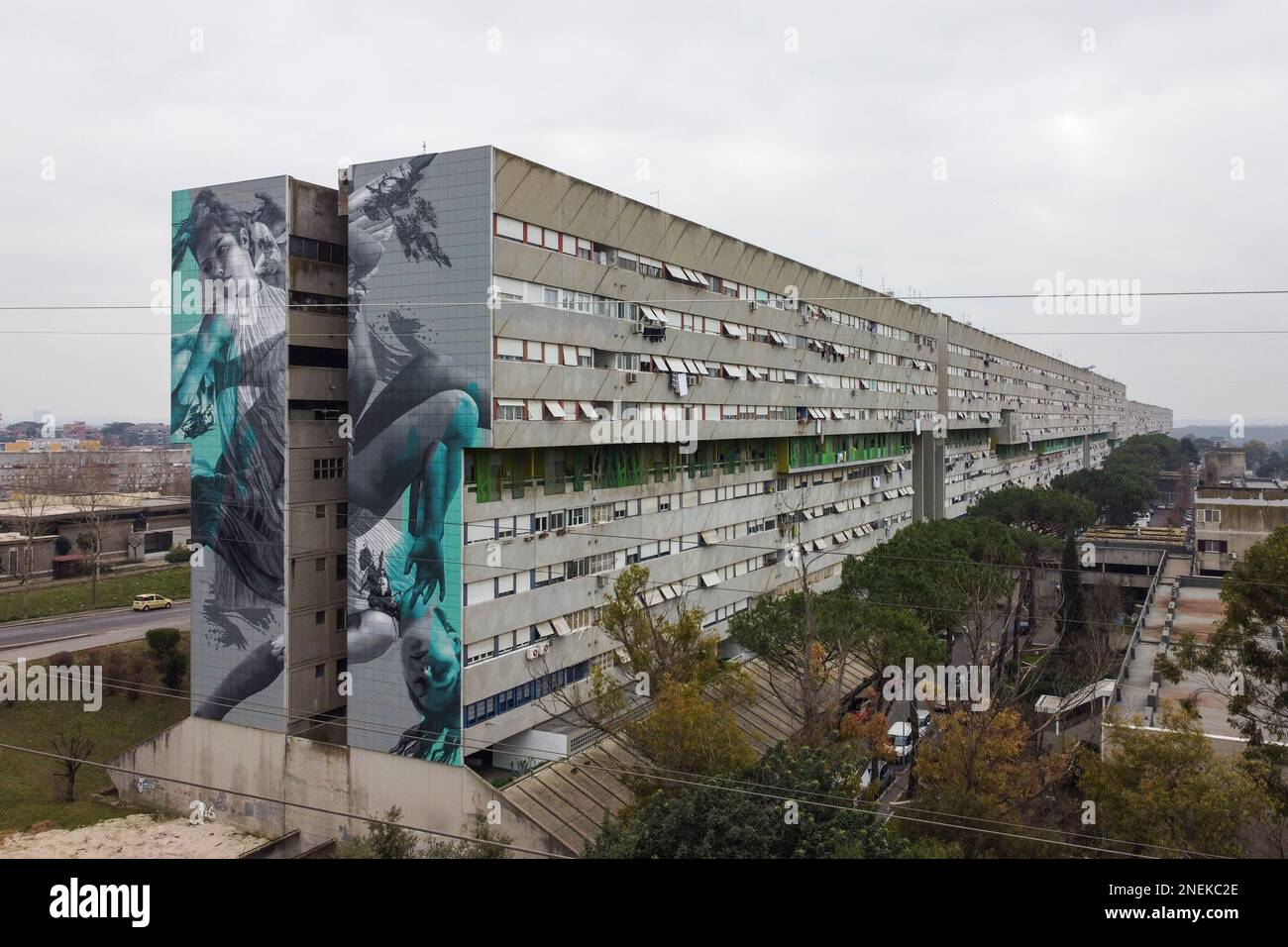 (EDITORS NOTE: Image taken with drone)A 40-metre-long mural created by ...