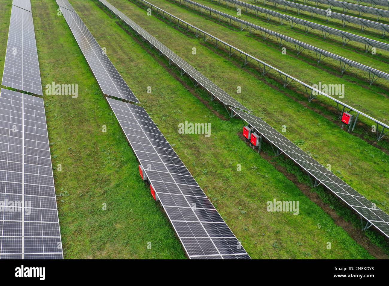 Rear view of renewable solar power plant. Aerial view of converting ...