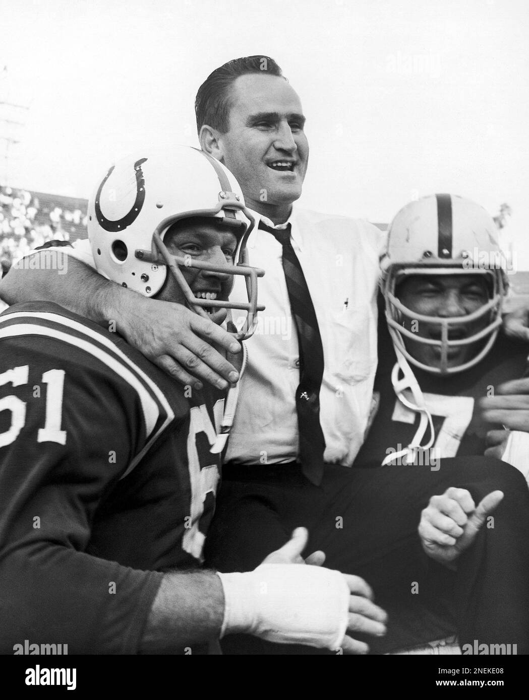 Head Coach Don Shula is lifted to the shoulders of his players as the ...