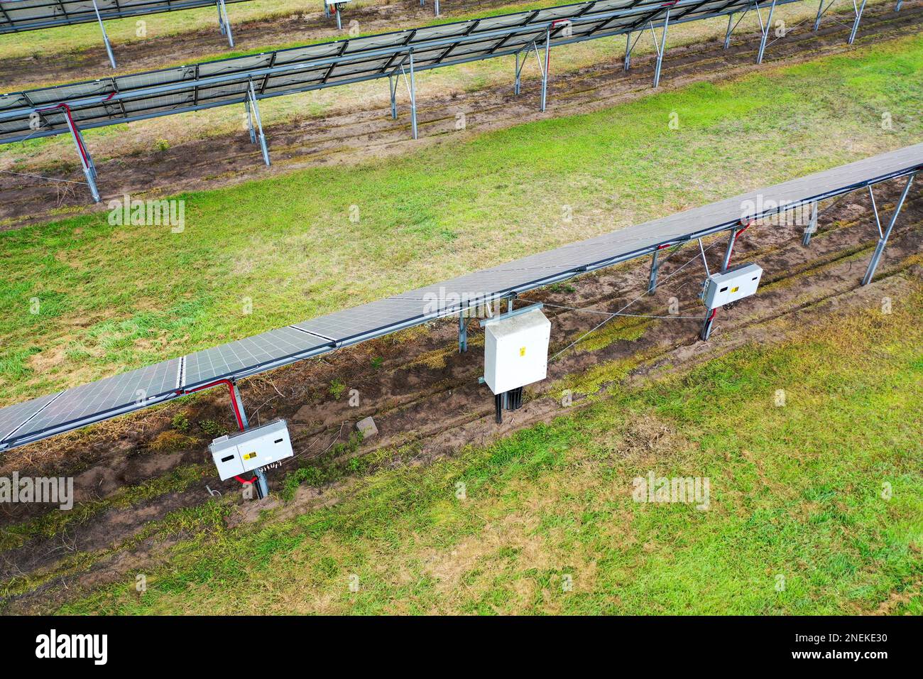 Rear view of renewable solar power plant. Aerial view of converting ...