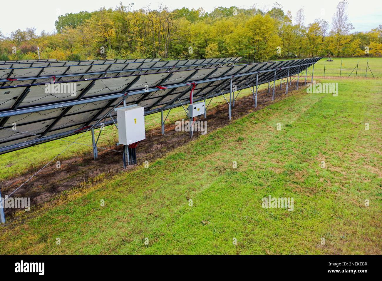 Rear view of renewable solar power plant. Aerial view of converting ...