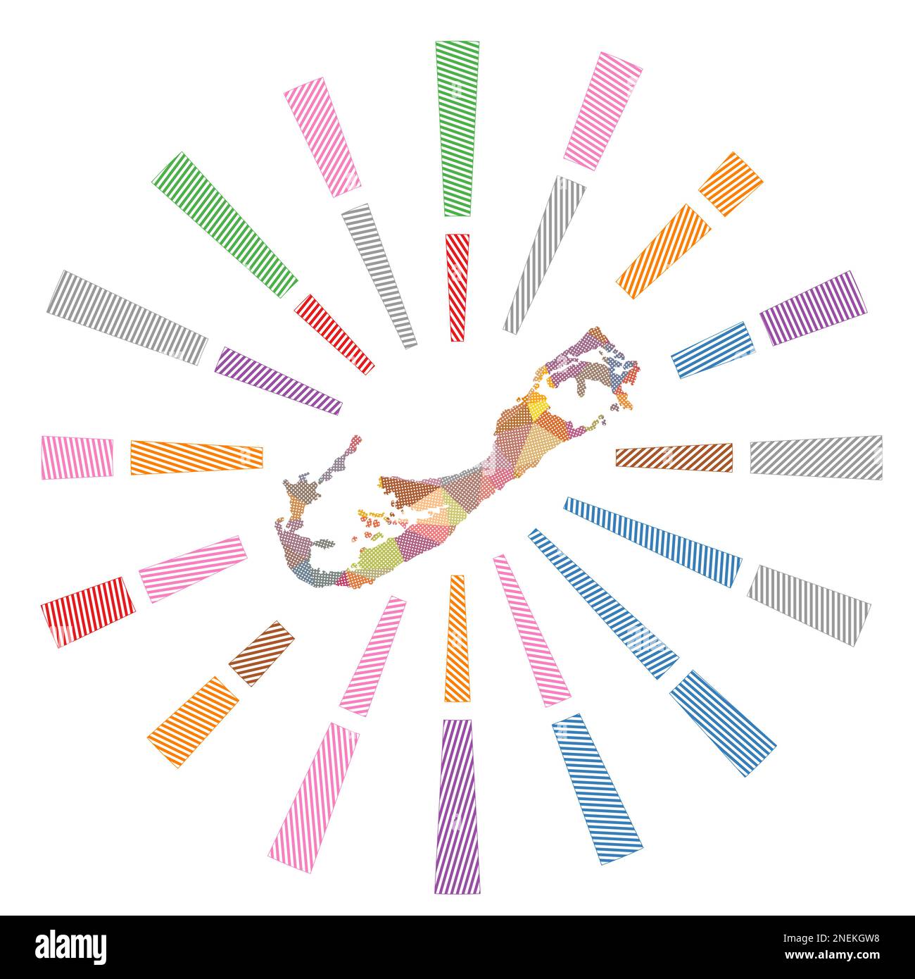 Bermuda sunburst. Low poly striped rays and map of the island. Powerful ...