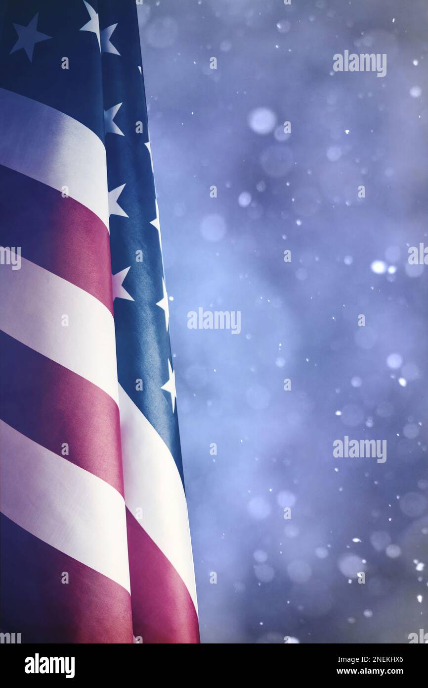 Flag United States America on winter, snowy and frosty background Stock ...