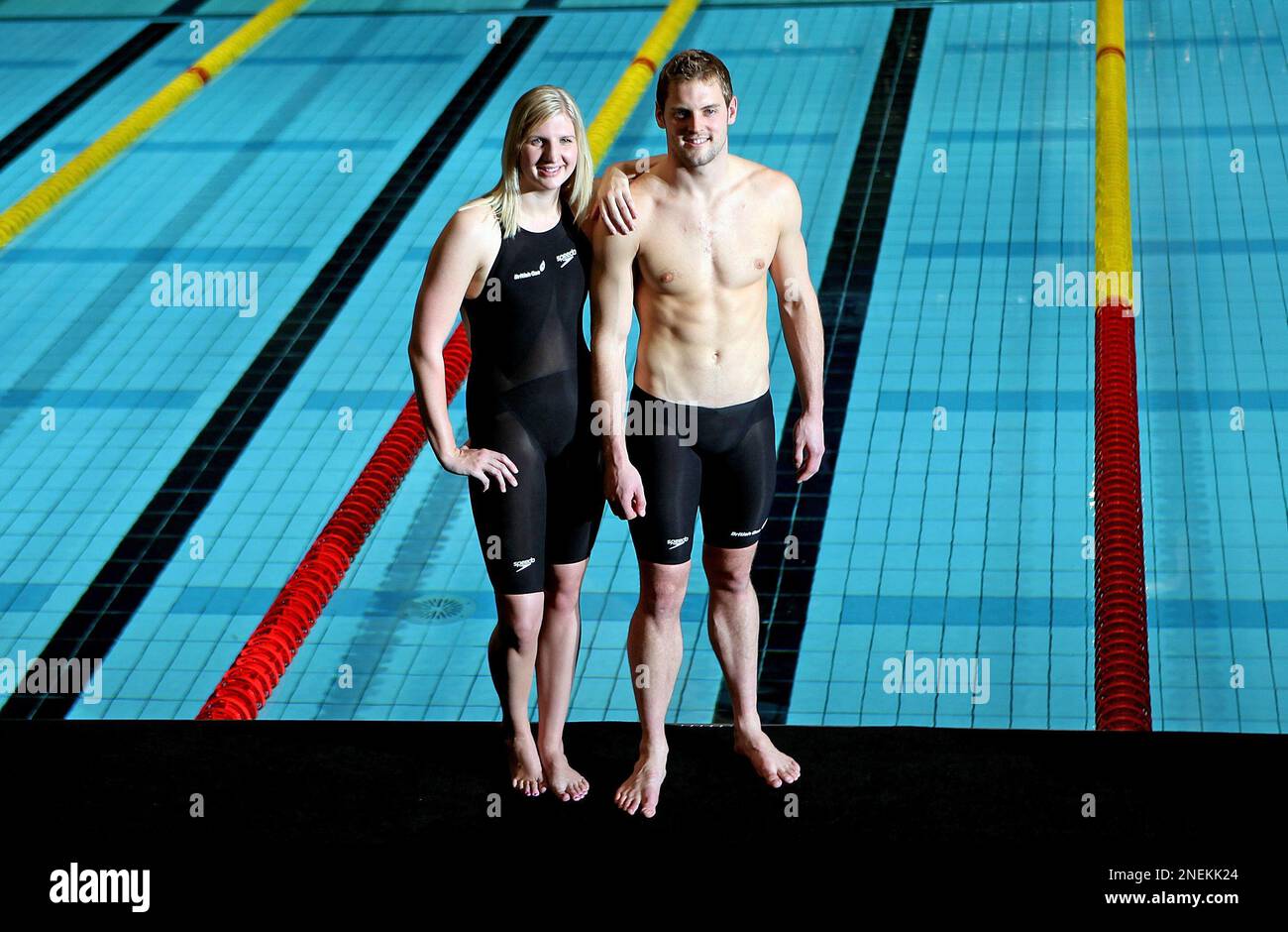 British swimmers Rebecca Adlington, left, and Liam Tancock pose for a ...