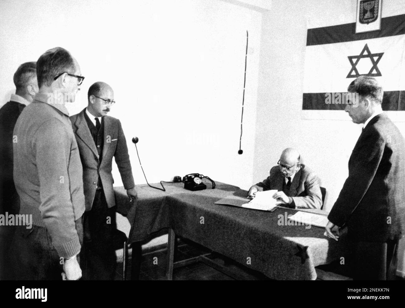 Adolf Eichmann, foreground, jailed Nazi slated to go on trial on April ...
