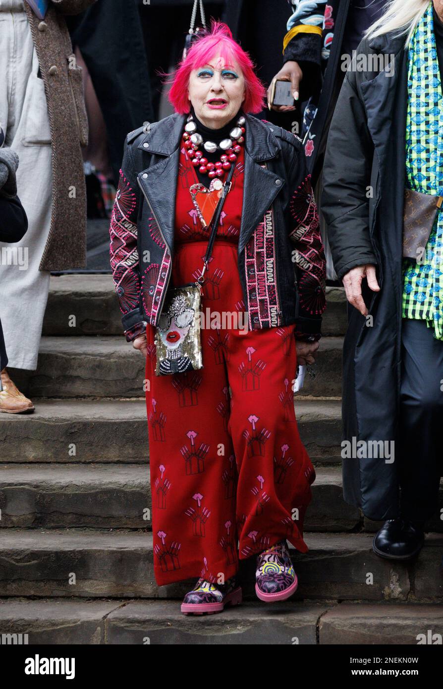 London, UK. 16th Feb, 2023. Zandra Rhodes Family, friends, celebrities and stars of the Fashion ...