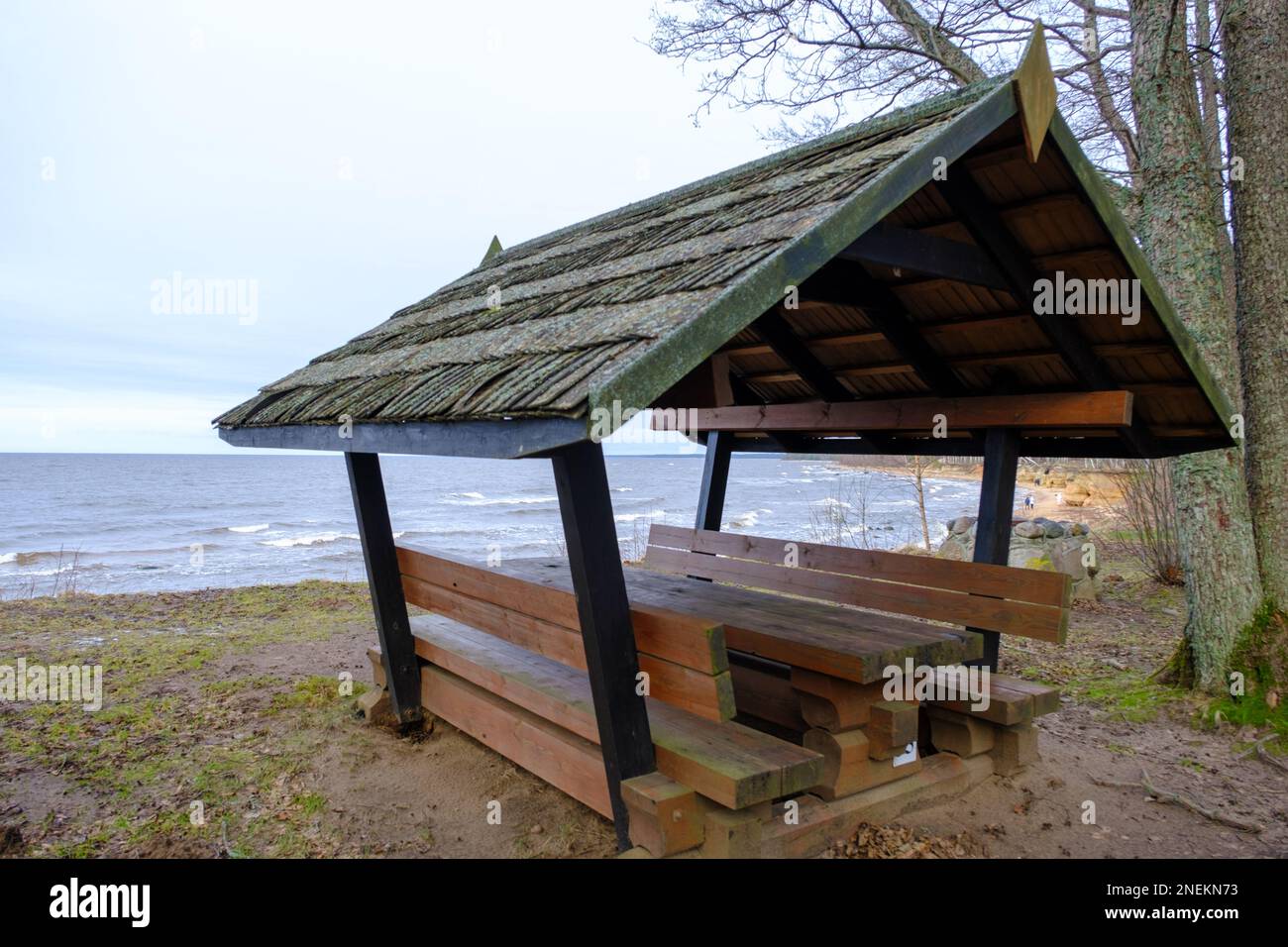 Wooden gazebo, resting place in the park. Equipped with wooden tables ...